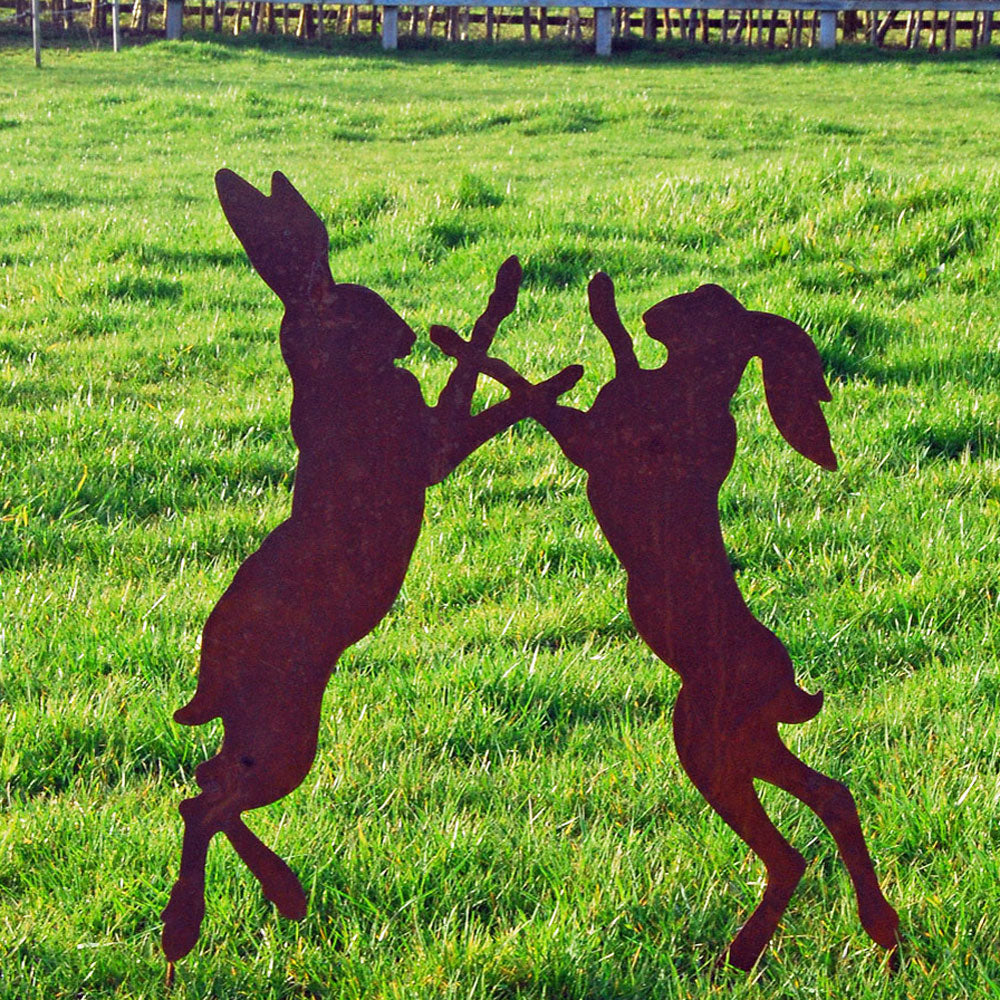 Boxing Hares Rusted Metal Garden Art – Bowley & Jackson